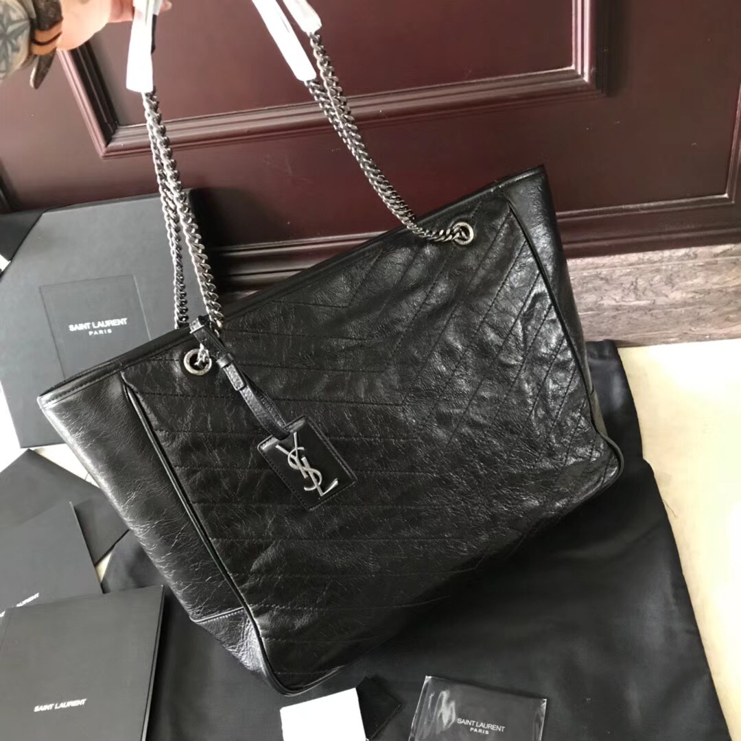 YSL Niki Bags Large Niki Shopping Bag In Crinkled And Quilted Black