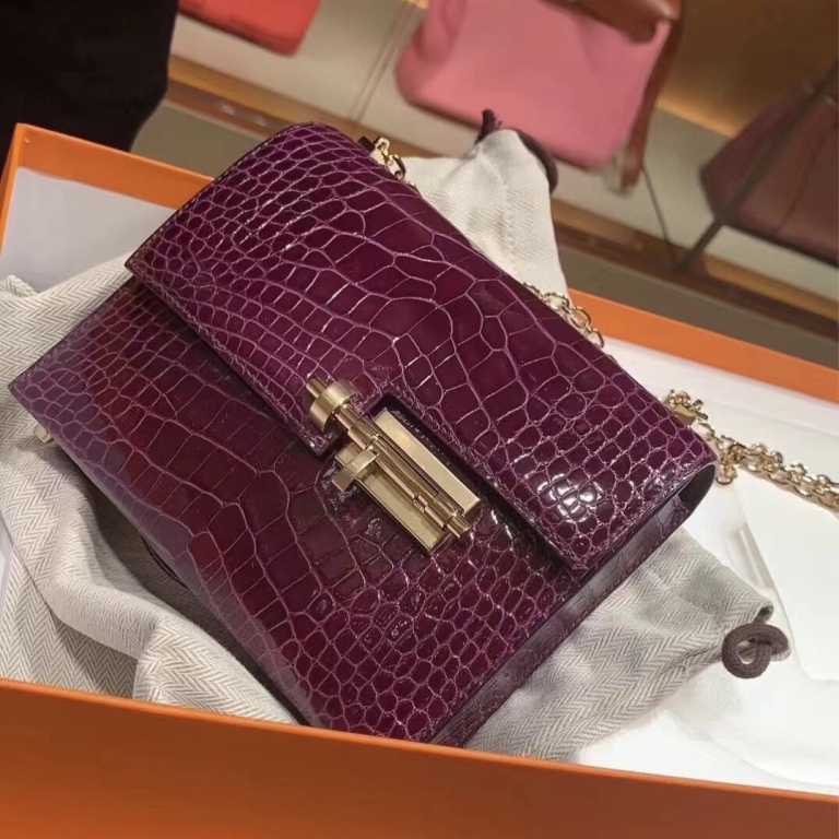 Hermes Verrou Mini 17.5cm 美洲鳄鱼 Shiny Alligator Crocodile N5 Cassis ...